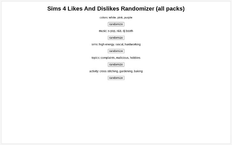 Sims 4 Likes And Dislikes Randomizer (all packs) ― Perchance Generator
