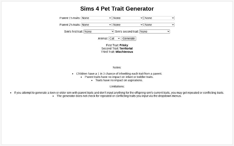 Sims 4 Pet Trait Generator