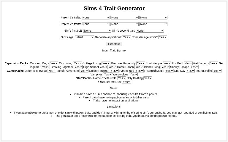 Sims 4 Trait Generator