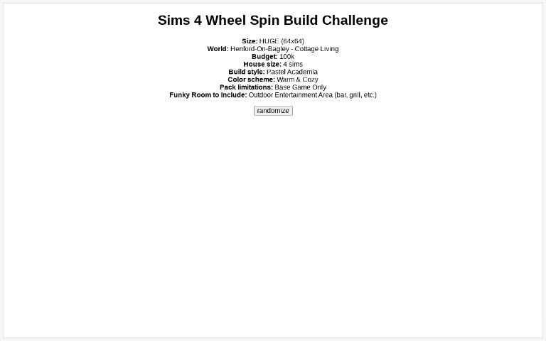 Sims 4 Wheel Spin Build Challenge ― Perchance Generator