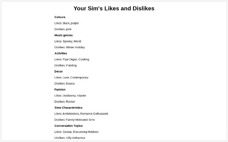 Your Sim's Likes and Dislikes ― Perchance Generator