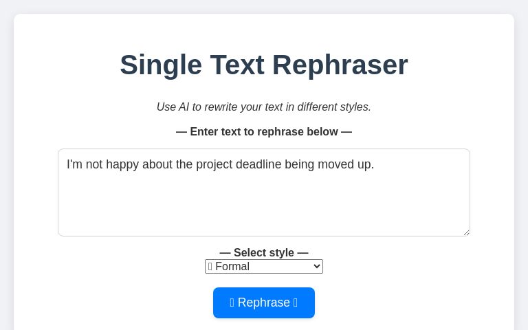 Single Text Rephraser (WIP) ― Perchance Generator