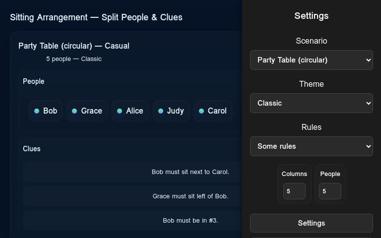 Sitting Arrangement — Split People & Clues ― Perchance Generator