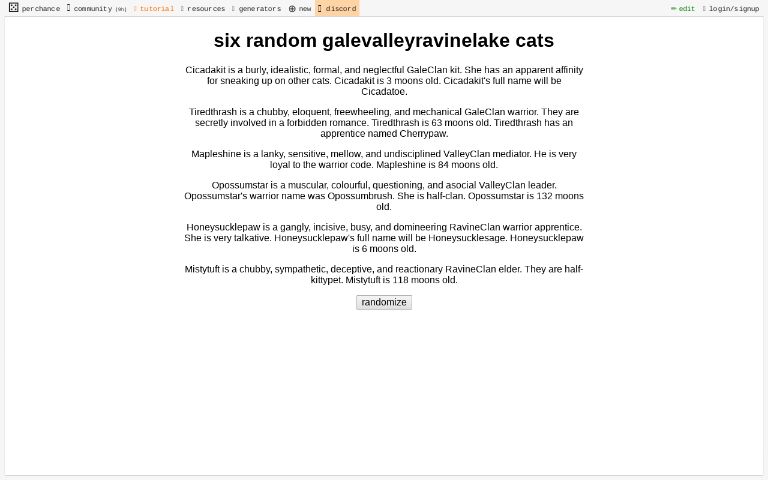 six random galevalleyravinelake cats ― Perchance Generator