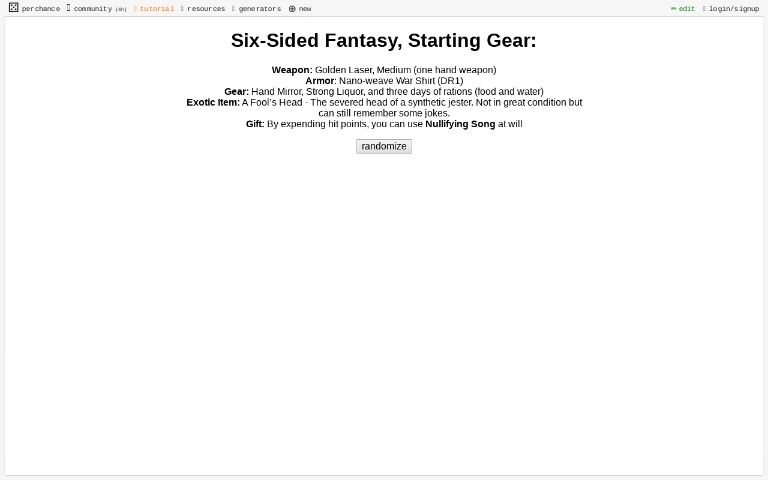 Six-Sided Fantasy, Starting Gear: ― Perchance Generator