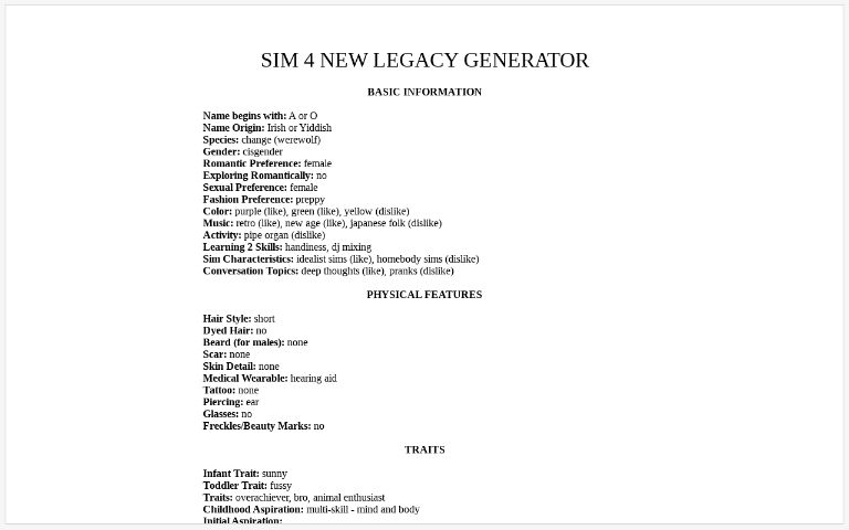 Sim 4 New Legacy Generator
