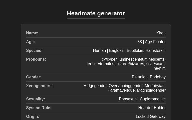 Headmate generator