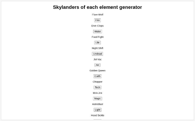 Skylanders of each element generator