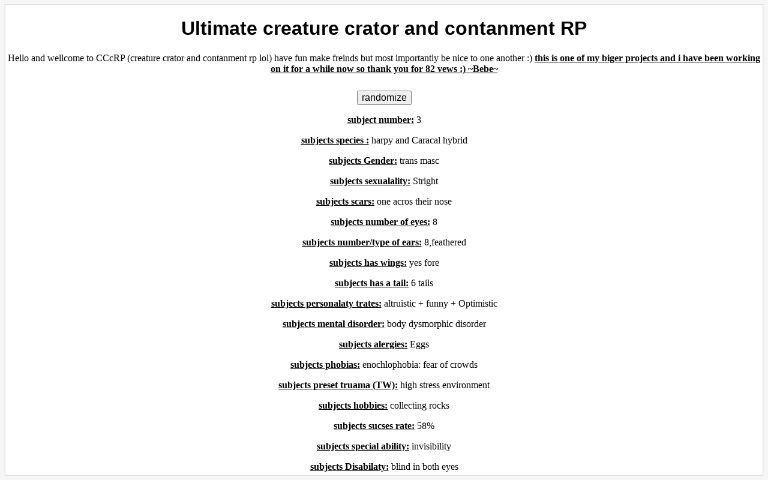 Ultimate creature Contanment facility ― Perchance Generator