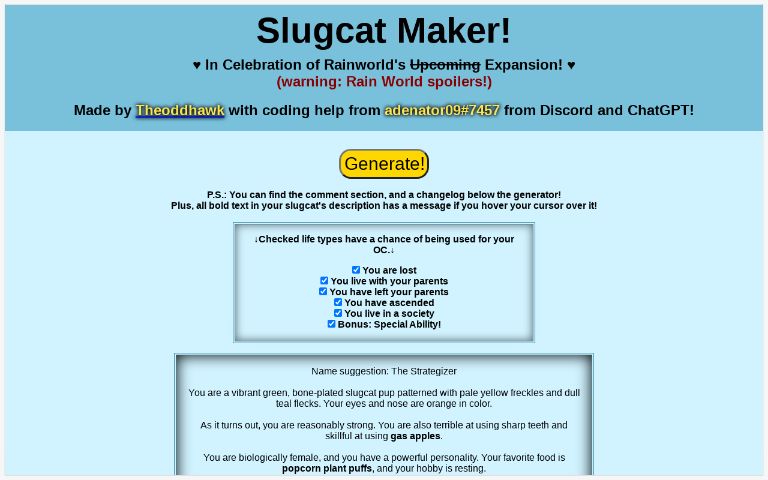 Slugcat Maker! ― Perchance Generator