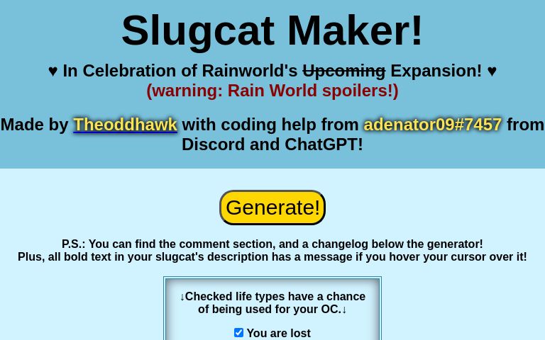 Slugcat Maker! ― Perchance Generator