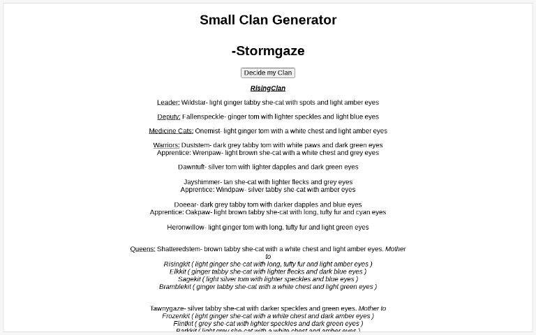 Small Clan Generator-Stormgaze