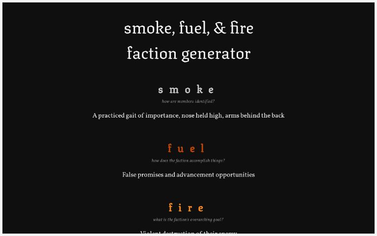 smoke, fuel, & fire faction generator