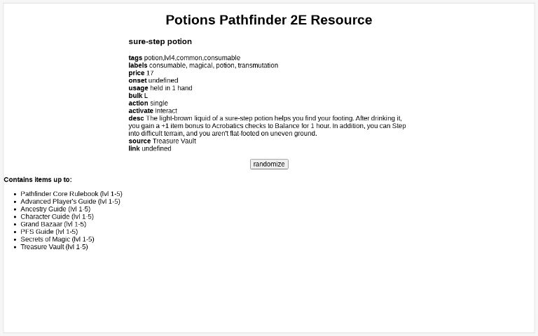 Potions Pathfinder 2E Resource ― Perchance Generator