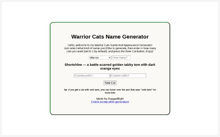 Warrior Cats Name And Appearance Generator