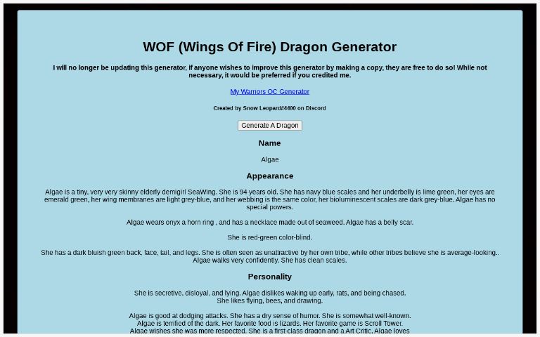 WOF (Wings Of Fire) Dragon Generator