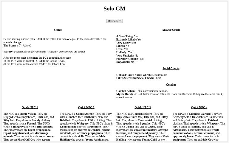 Solo GM ― Perchance Generator