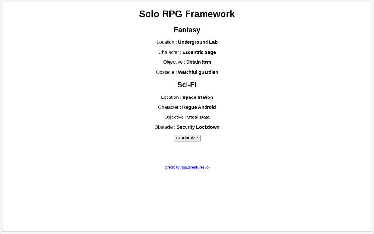 Solo RPG Framework ― Perchance Generator