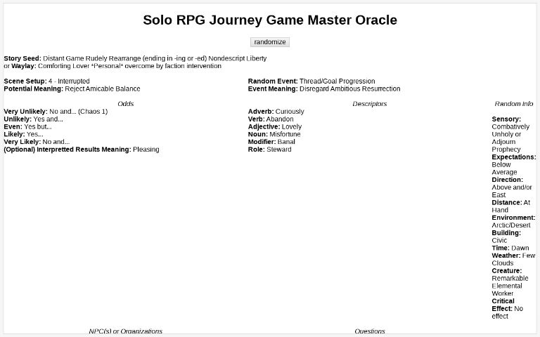 Solo RPG Journey Game Master Oracle ― Perchance Generator