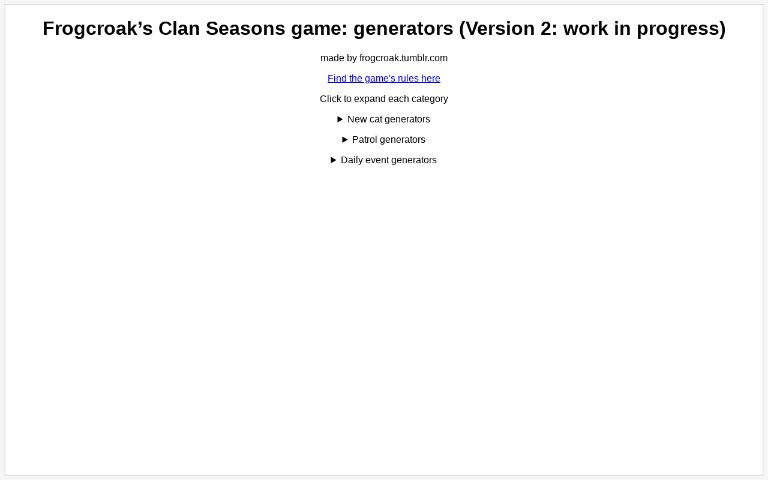 Frogcroak’s Clan Seasons game: generators (Version 2: work in progress)