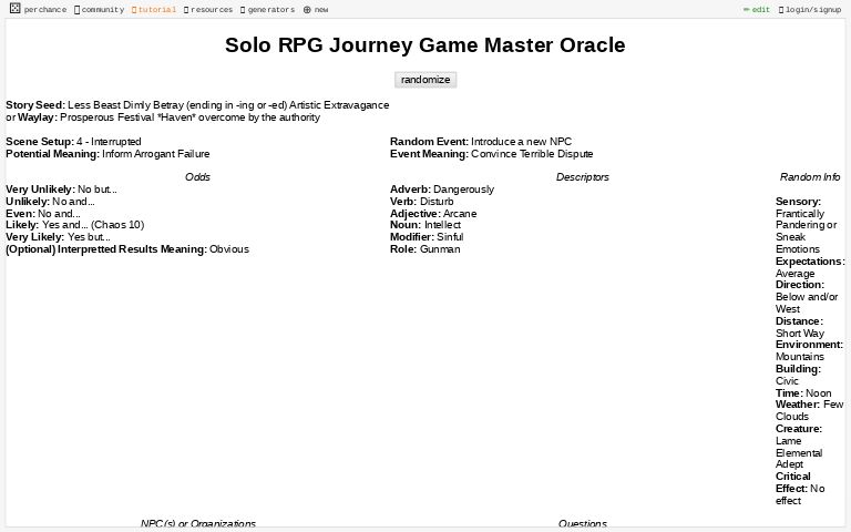 Solo RPG Journey Game Master Oracle ― Perchance Generator