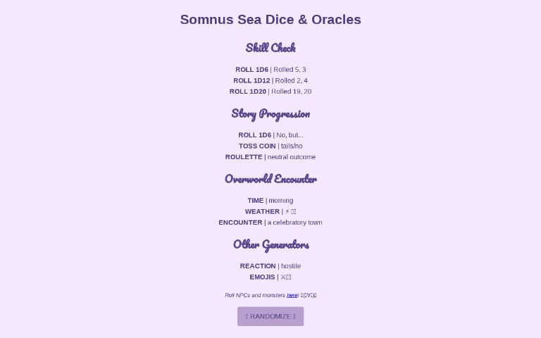 Somnus Sea Dice & Oracles ― Perchance Generator