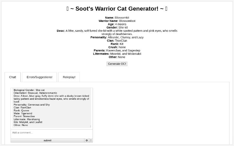 рџ Soot S Warrior Cat Generator рџ