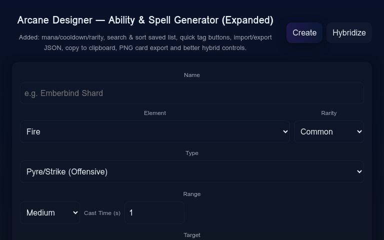 Arcane Designer — Ability & Spell Generator (Expanded)