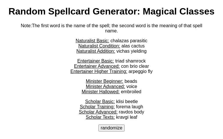 Random Spellcard Generator: Magical Classes