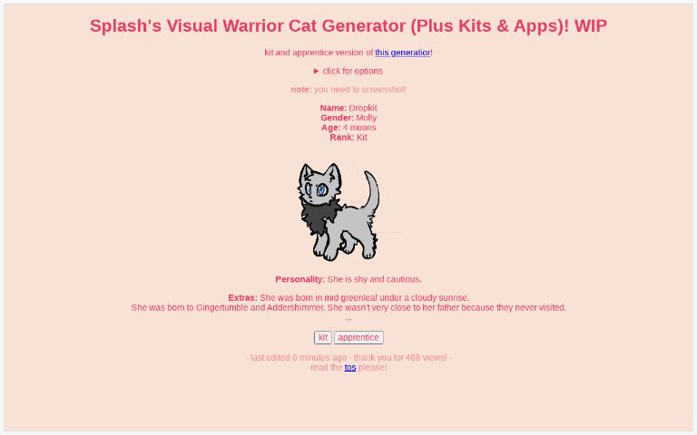 Splash's Visual Warrior Cat Generator Plus Kits & Apps
