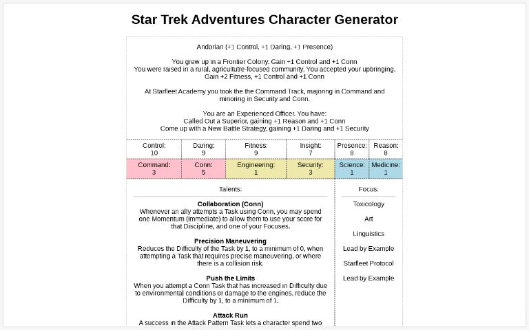 Star Trek Adventures Character Generator