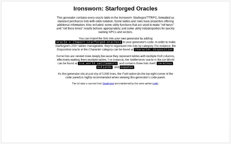 Ironsworn Starforged Oracles Perchance Generator