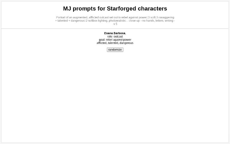 MJ prompts for Starforged characters ― Perchance Generator