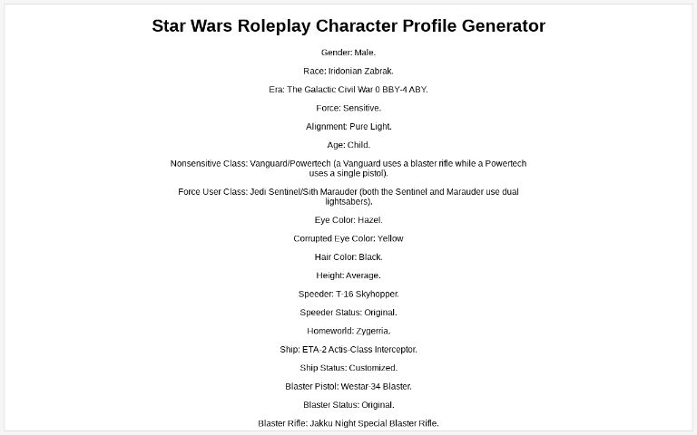 Star Wars Roleplay Character Profile Generator