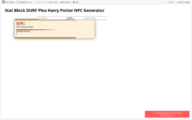 Stat Block DURF Plus Harry Potter NPC Generator