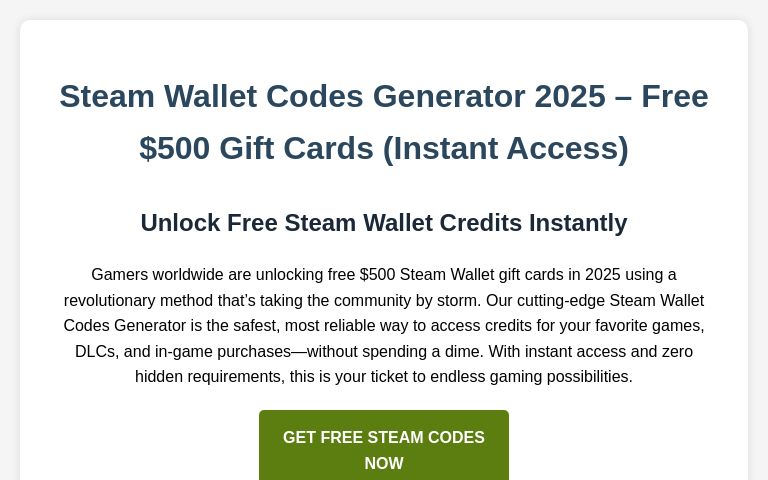 Steam Wallet Codes Generator 2025 – Free $500 Gift Cards (Instant Access)