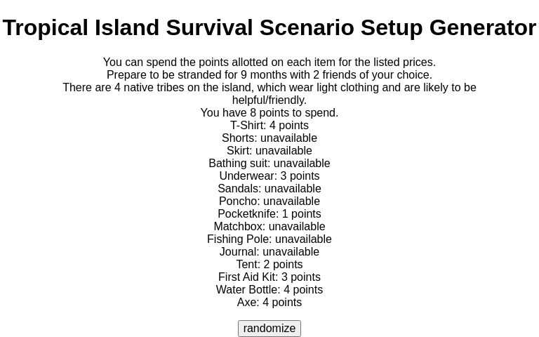 Tropical Island Survival Scenario Setup Generator