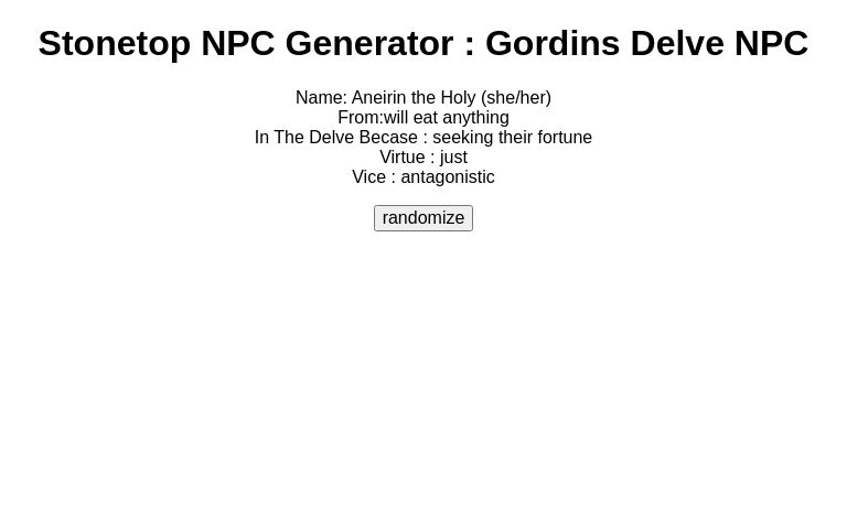 Stonetop NPC Generator : Gordins Delve NPC