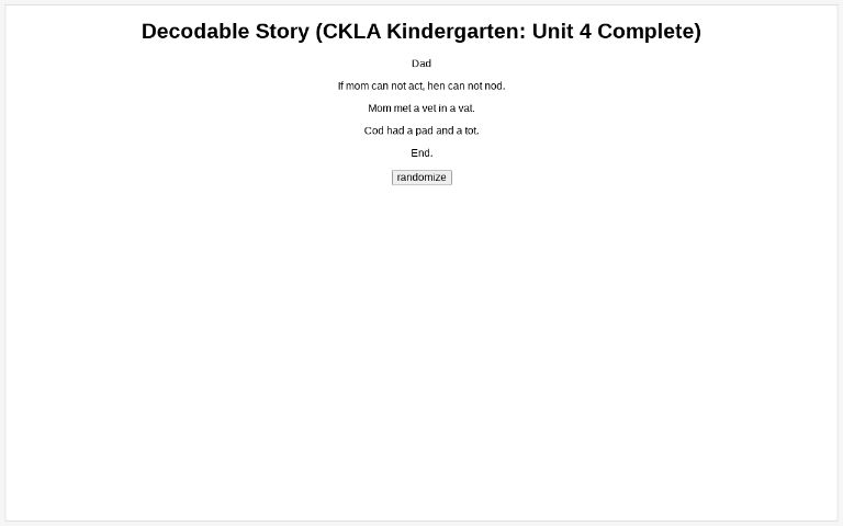 Decodable Story (CKLA Kindergarten: Unit 4 Complete) ― Perchance Generator