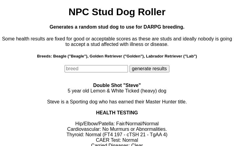NPC Stud Dog Roller ― Perchance Generator