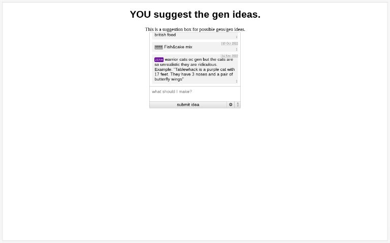 YOU suggest the gen ideas. ― Perchance Generator