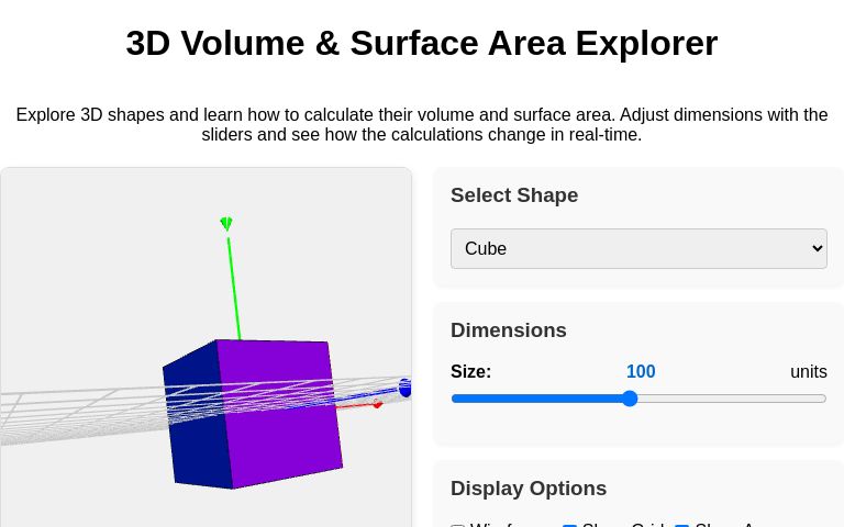3D Volume & Surface Area Explorer ― Perchance Generator