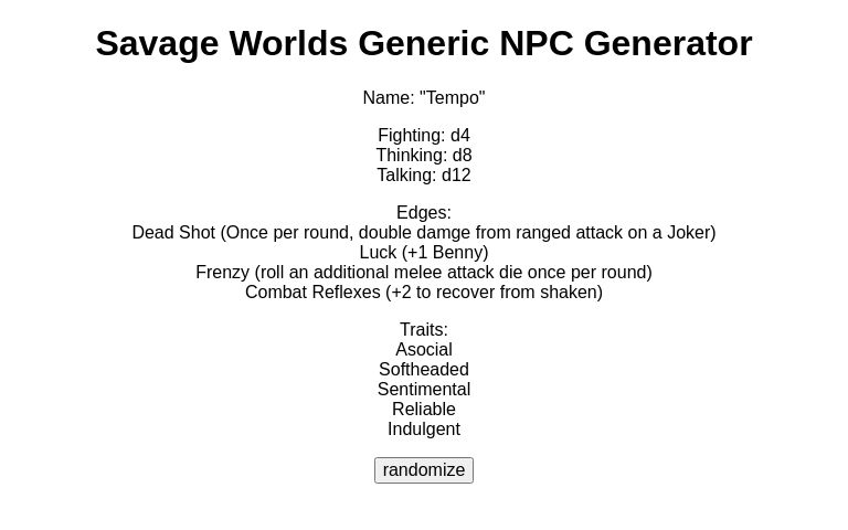 Savage Worlds Generic NPC Generator