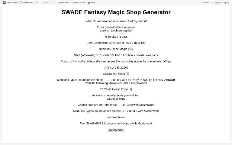 SWADE Fantasy Magic Shop Generator