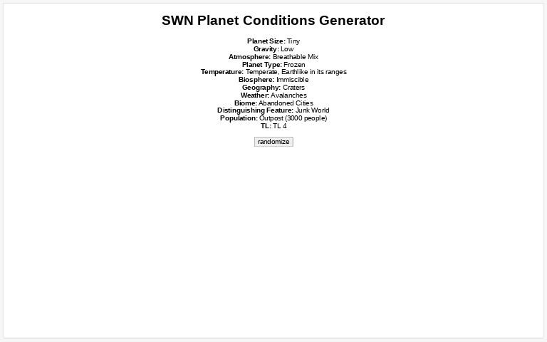 SWN Planet Conditions Generator