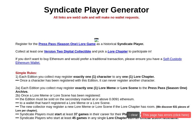 Syndicate Player Generator