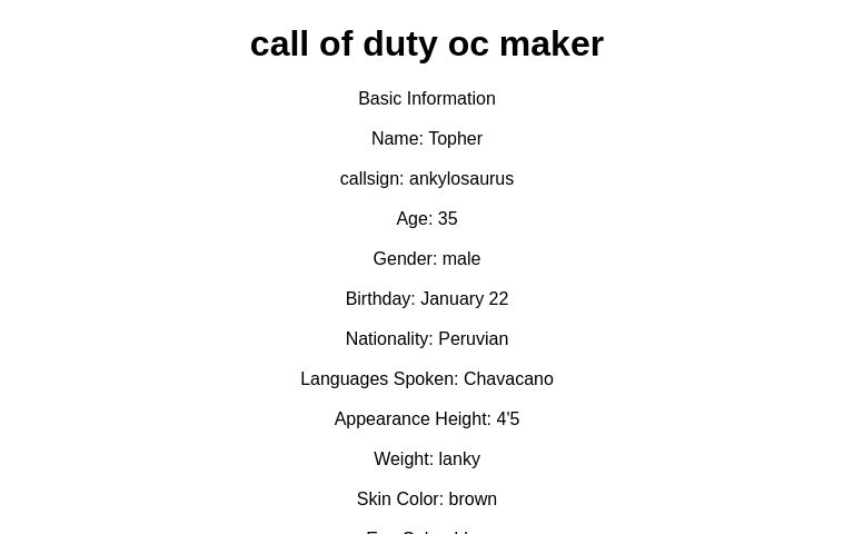 call of duty oc maker ― Perchance Generator