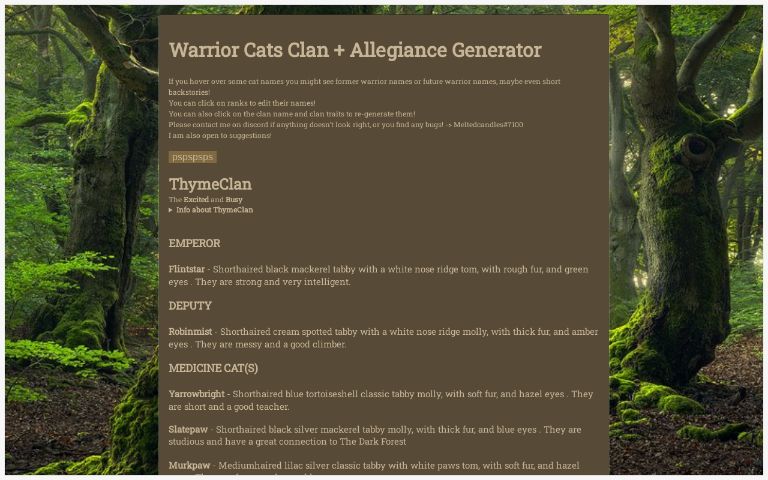 Warrior Cats Clan + Allegiance Generator