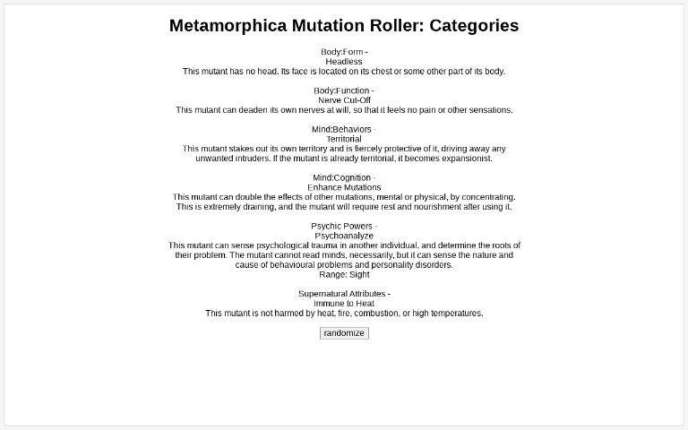 Metamorphica Mutation Roller: Categories ― Perchance Generator