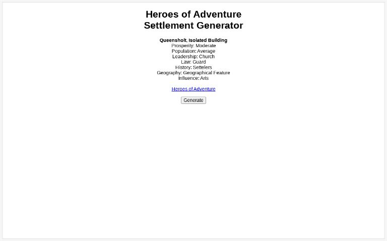 Heroes of Adventure Settlement Generator